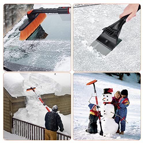 FOVAL 62.4" Extendable Snow Brush and Ice Scraper with 360°Pivoting Brush Head, Snow Removal Car Brush for Windshield Window Trucks SUVs, Essential Winter Tool Ice Remover with Comfortable Foam Grip