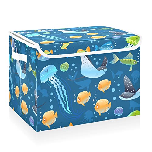 CaTaKu Blue Sea Fish Storage Bins with Lids and Handles, Fabric Large Storage Container Cube Basket with Lid Decorative Storage Boxes for Organizing Clothes