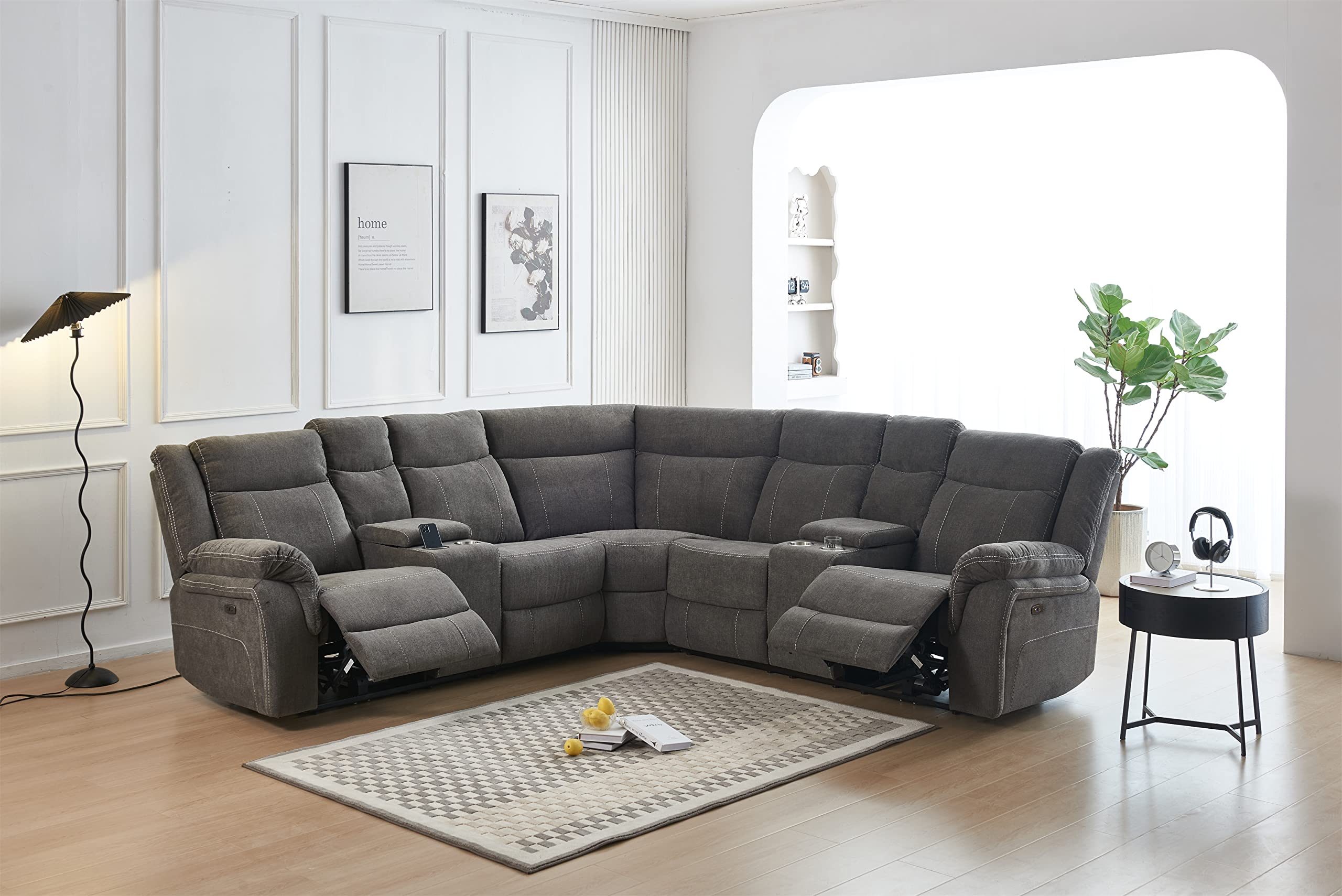Elountik Modern Fabric Upholstered Power Reclining Sectional Couch with 2 Power Recliners, 2 Storage Consoles, 4 Cup Holders, USB Charging Ports, Gray Frabic