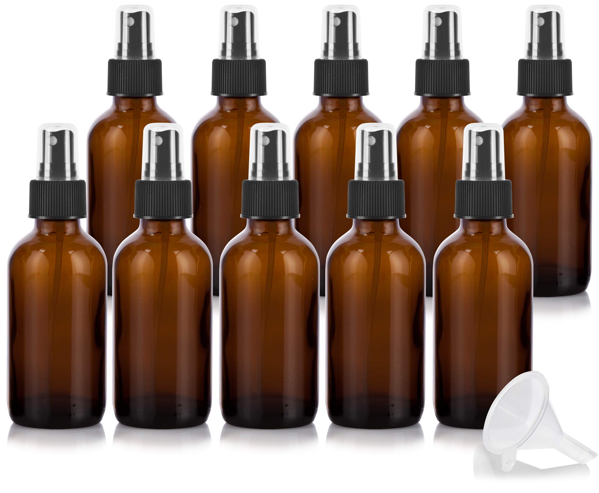 JUVITUS (10 pack) 4 oz Amber Glass Boston Round Bottle with Fine Mist Black Sprayer + Funnel