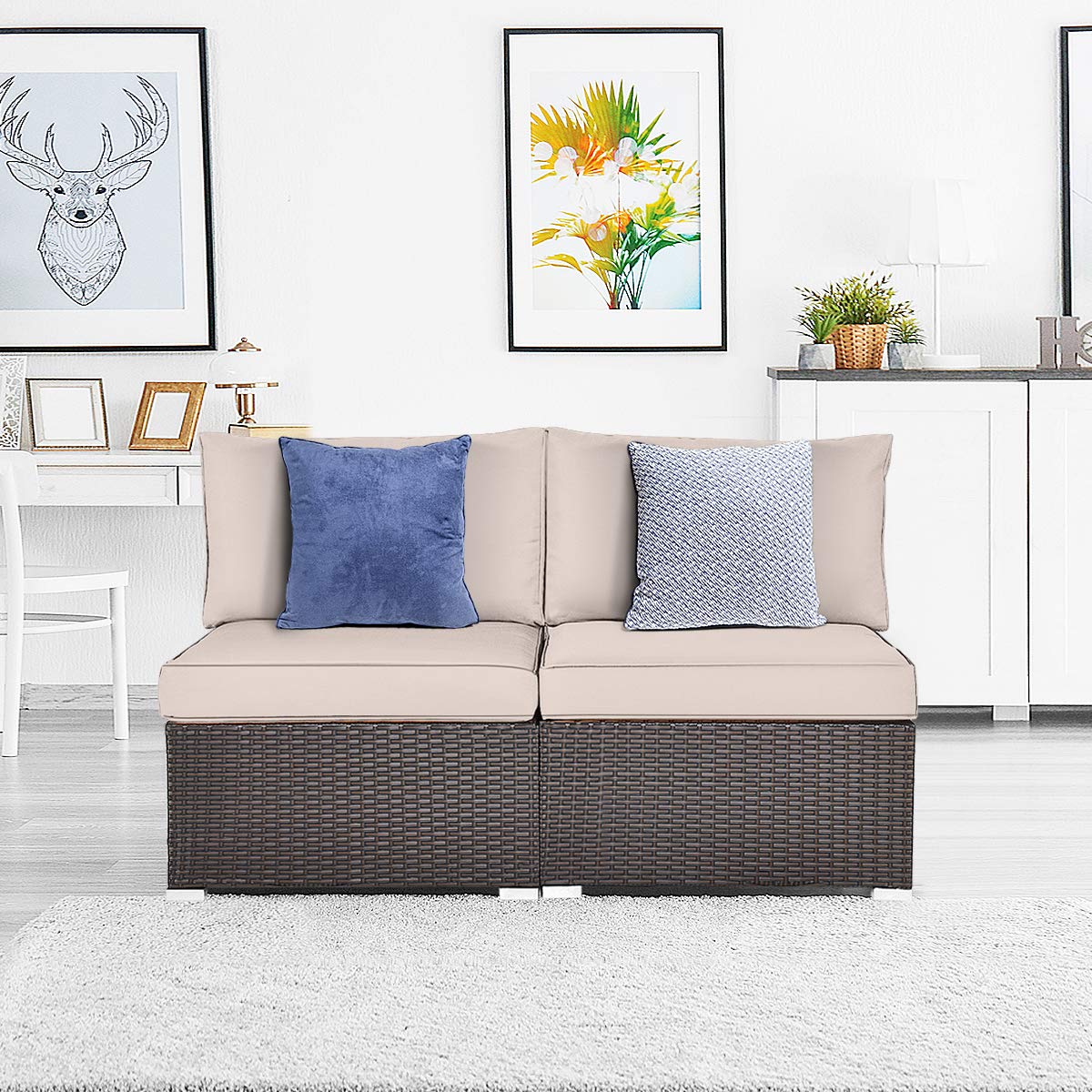 RELAX4LIFE 2-Piece Rattan Armless Sofa - Patio Wicker Sectional Conversation Sofa Set with Removable Cushions, Heavy-Duty Steel Frame, Outdoor Furniture Set for Garden, Backyard, Poolside (Brown)