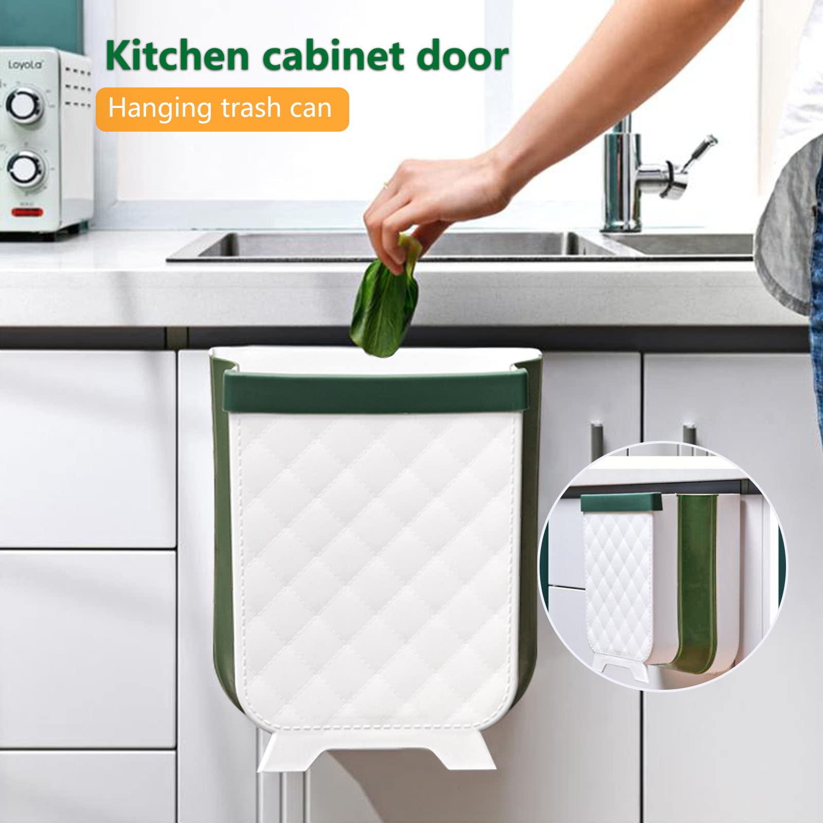 HUAPPNIO Hanging Trash Can for Kitchen Cabinet Door Wall Mounted Foldable Plastic Garbage Bin 2.6 Gallon Green