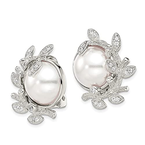 925 Sterling Silver Simulated Pearl Cubic Zirconia CZ Leaf Non Pierced Clip On Earrings