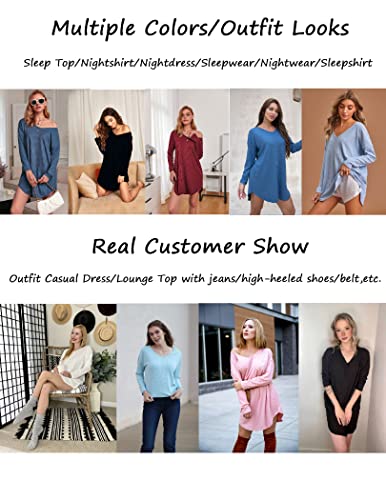 Ekouaer Womens Night Shirts V Neck Sleep Shirt Long Sleeve Tshirt Nightgowns Oversized Shirt Dress(Navy Blue,Large)