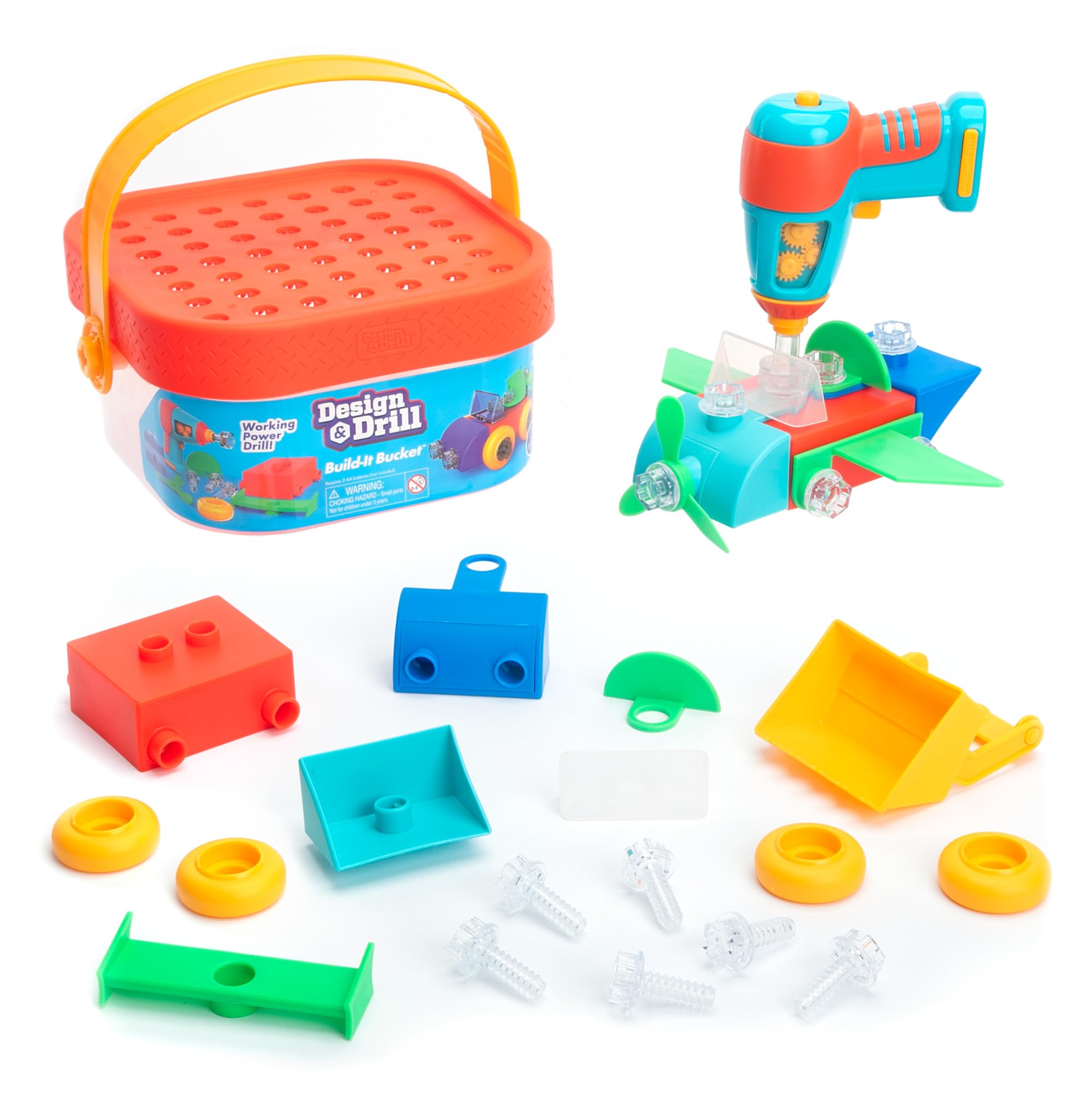 Educational Insights Design & Drill Build-It Bucket with Electric Drill Toy, 41 Pieces, Preschool STEM Toy, Gifts For Boys & Girls, Ages 3+