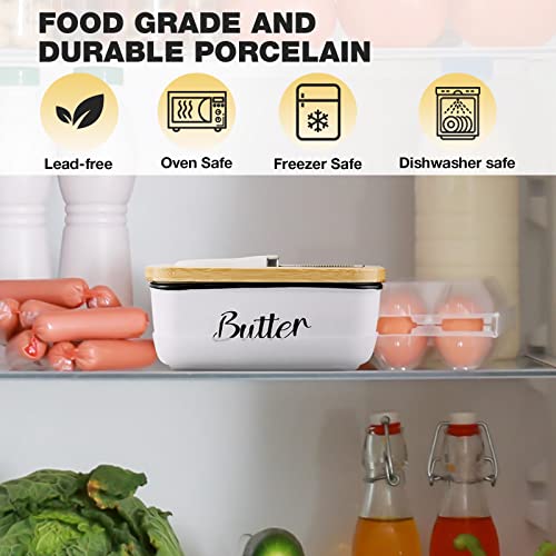 Ceramic Butter Dish with Lid and Knife, Gencywe Large Butter Container Keeper Storage, Airtight Silicone Butter Holder, Kitchen Butter Dish with Lid for Countertop, White, Microwave Dishwasher Safe