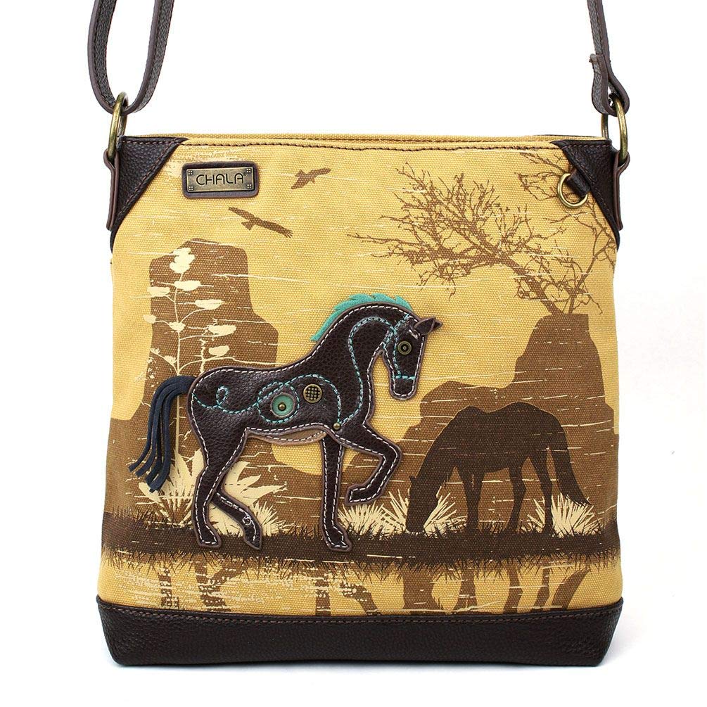 Chala Handbags Safari Horse Canvas Crossbody Bag Purse, Horse Lover (Brown)