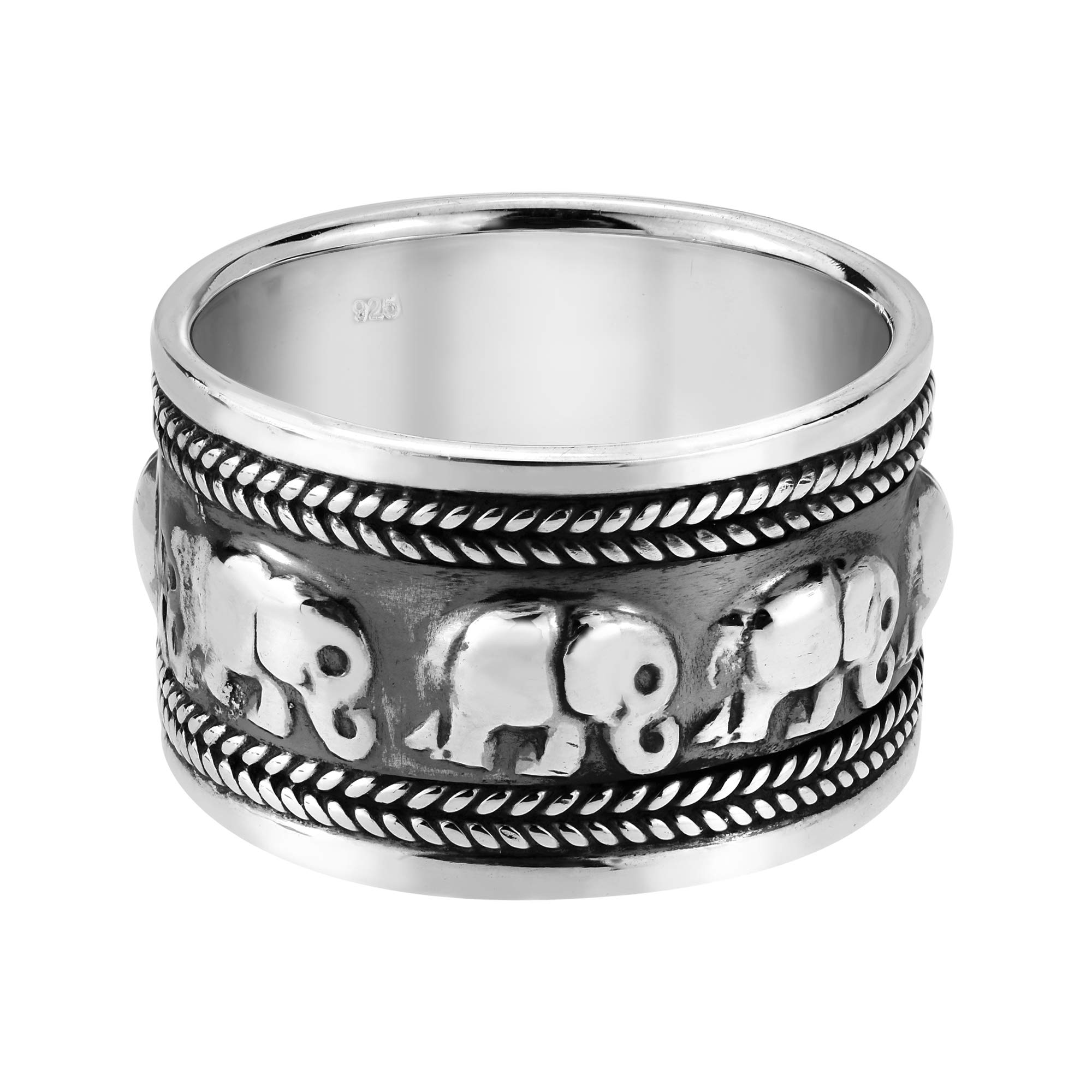 AeraVida Elephant Caravan Around Oxidize .925 Sterling Silver Ring | Sterling Silver Elephants Band Ring | Sterling Silver For Women | Animal Inspired Elephant Ring Size (9)