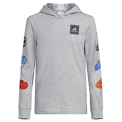 adidas Boys' Long Sleeve Cotton BoS Logo Hooded T-Shirt, Medium Grey Heather, Large (14/16)