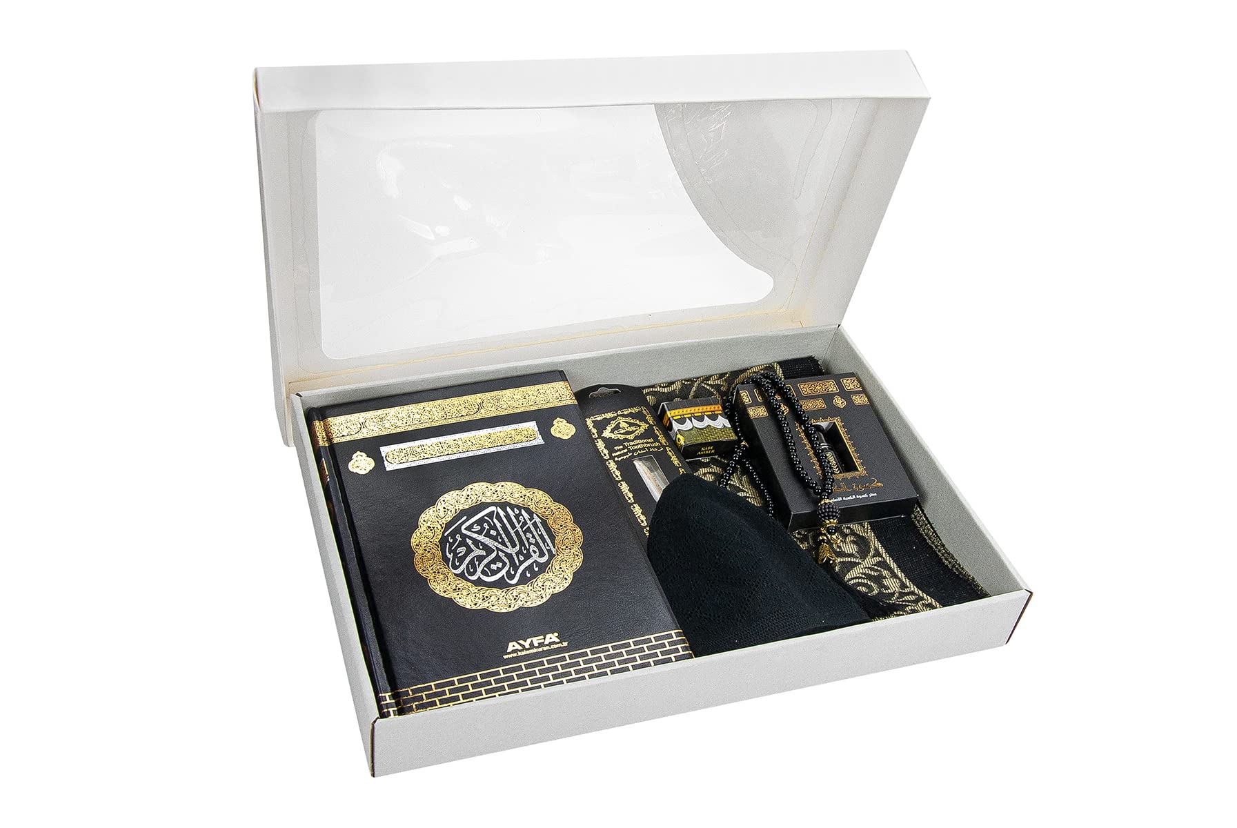 ihvan online Luxury Islamic Prayer Gift Box, Quran & Prayer Beads Tesbih & Muslim Prayer Rug & Miswak Stick & Solid Smell & Kufi Hats & Hacerul Esved, Deluxe 8 Piece SetRamadan & Eid Gift