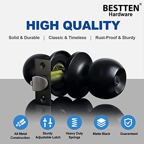 BESTTEN Matte Black Keyed Entry Door Knob, Entrance Door Lock, Standard Ball, All Metal