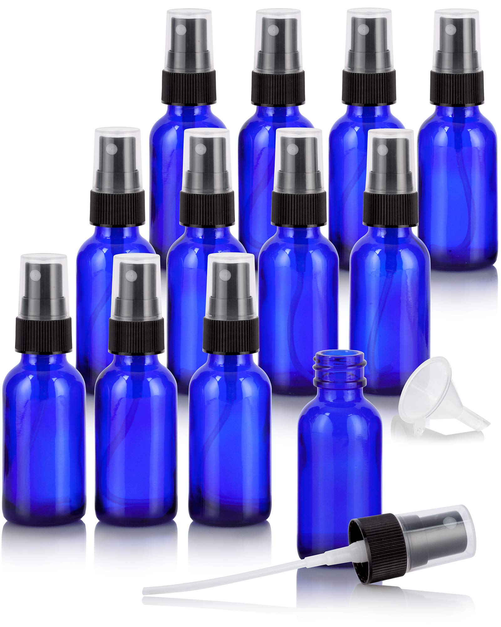 JUVITUS 1 oz Cobalt Blue Glass Boston Round Bottle with Black Fine Mist Spray (12 Pack) + Funnel