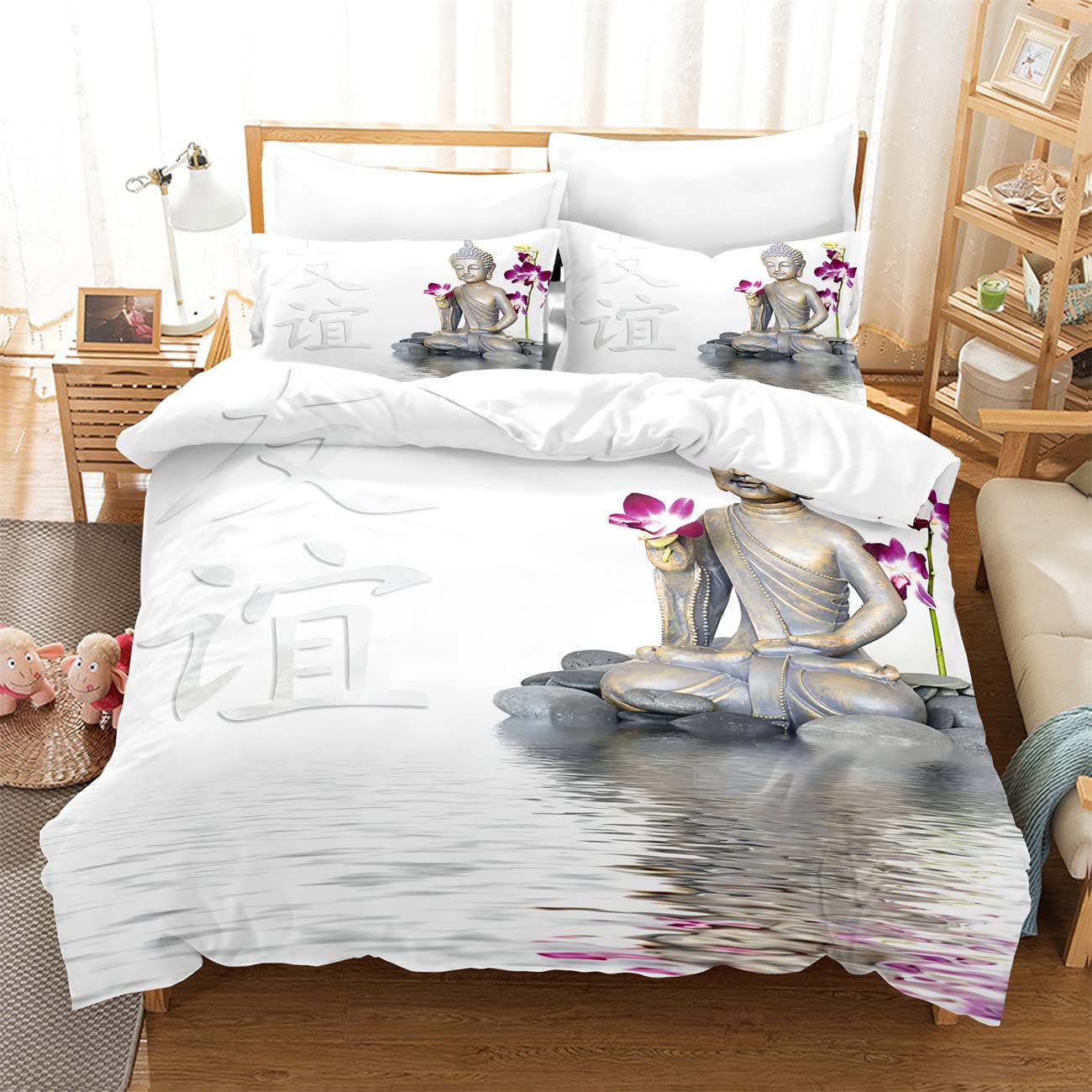 Buddha Statue Printed Duvet Cover Set, Black Duvet Cover Buddha Themed Bedding Set, Decorative 3 Piece Bedding Quilt Cover Set,Duvet Cover with 2 Pillow Cases (Full)