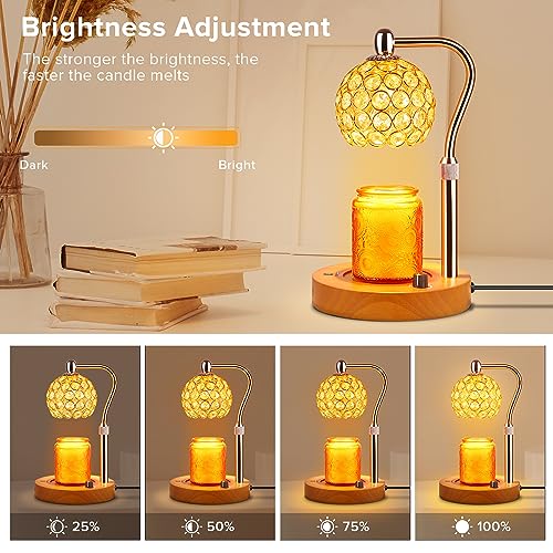 Candle Warmer Lamp with Timer 2H/4H/6H, Height & Heat Adjustable Lamp Candle Warmer, Electric Candle Warmer with Oak Base and 2 * 50W Bulbs, Wax Warmer for Scented Wax(Champagne)
