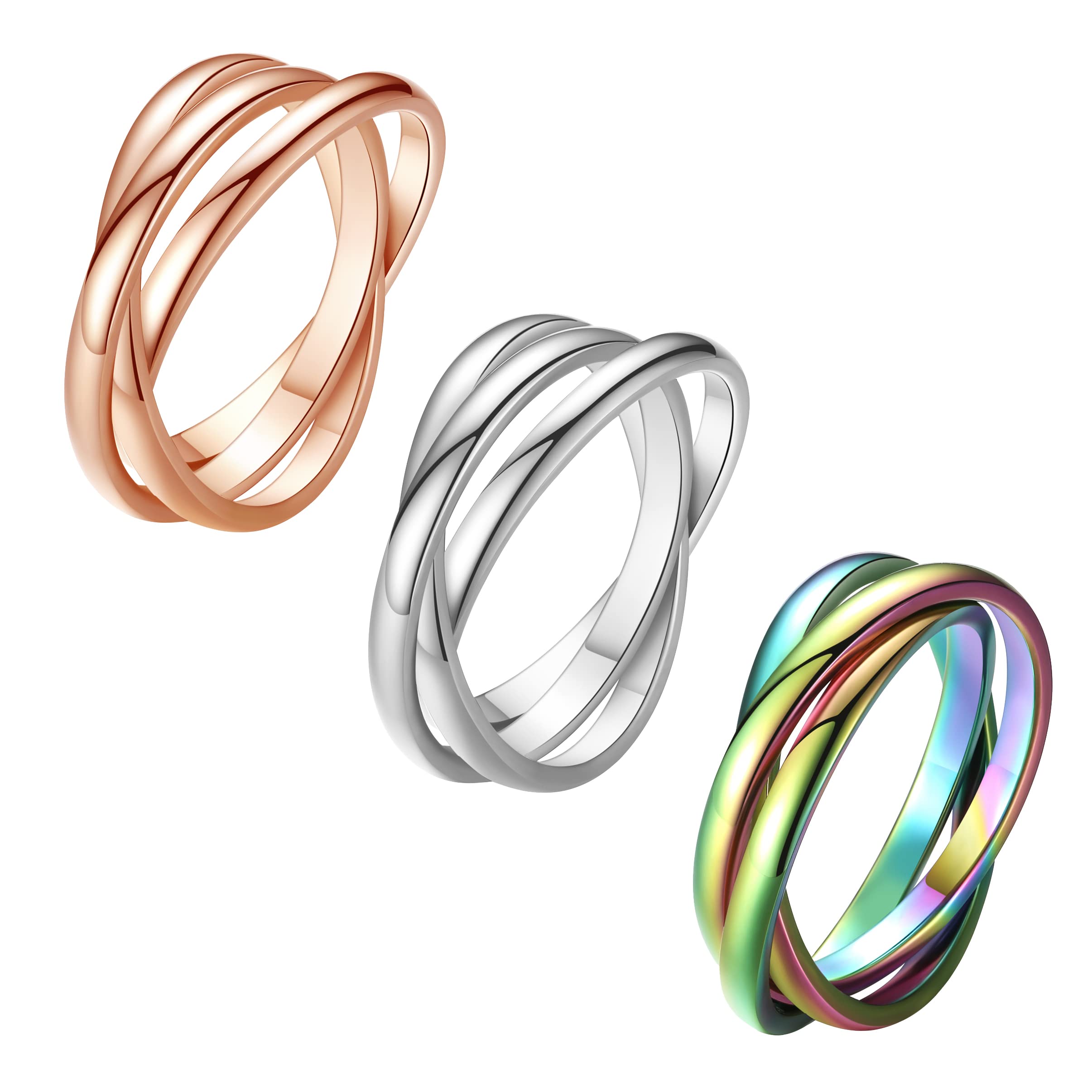 ALEXTINA Anxiety Rings for Women Triple Band Rings Rolling Fidget Rings for Anxiety 3pcs Stainless Steel Puzzle Rainbow Ring Stacking Ring Wedding Band, Rainbow Size 9