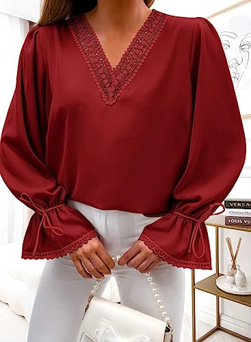 Dokotoo Fall Blouses for Women Long Sleeve Shirts Lace Trim V Neck Chiffon Solid Color Tunic Tops Loose Fit Stylish Burgundy Tops Casual Spring Summer Flowy Work Shirts Large