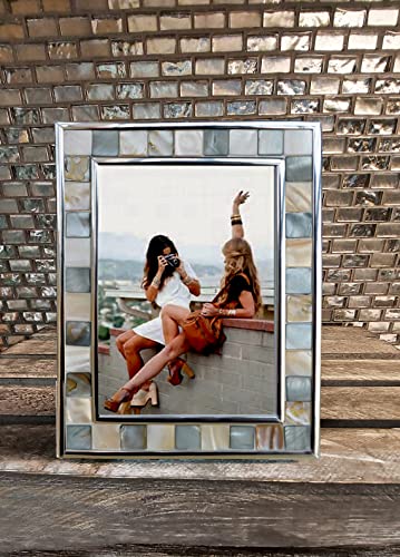 GIFTME 5 Silver Plate Picture Frame 5x7 Mother of Pearl 5 by 7 Photo Frame Mosaic Glass Tabletop Frame (Grey+ White,1pc)