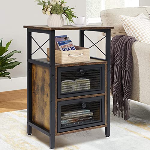 Caredear Rustic Brown Nightstand with 2 Drawers- 16" L x 12" W x 24" H Sofa Side Table with Storage, Farmhouse Nightstand for for Small Space, Vintage Small Bedside Table, 2 Mesh Metal Door Drawer