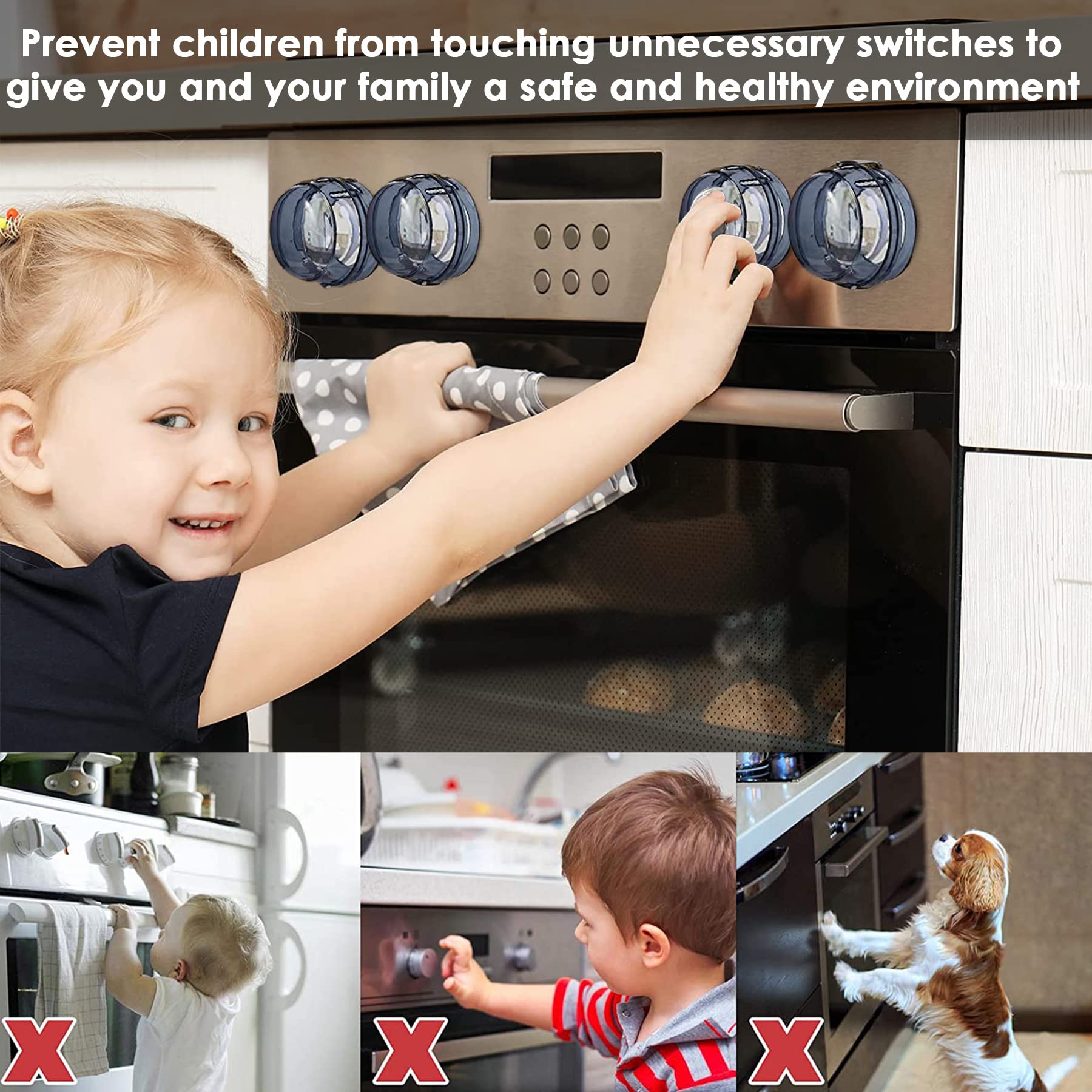 Zariocy 5 Pack Safety Stove Knob Covers, Black Clear Upgraded Unlock Safety Guards for Kitchen Gas and Oven, Stove Guard with Extra Adhesives, Large Universal Design to Protect Kitchen Security