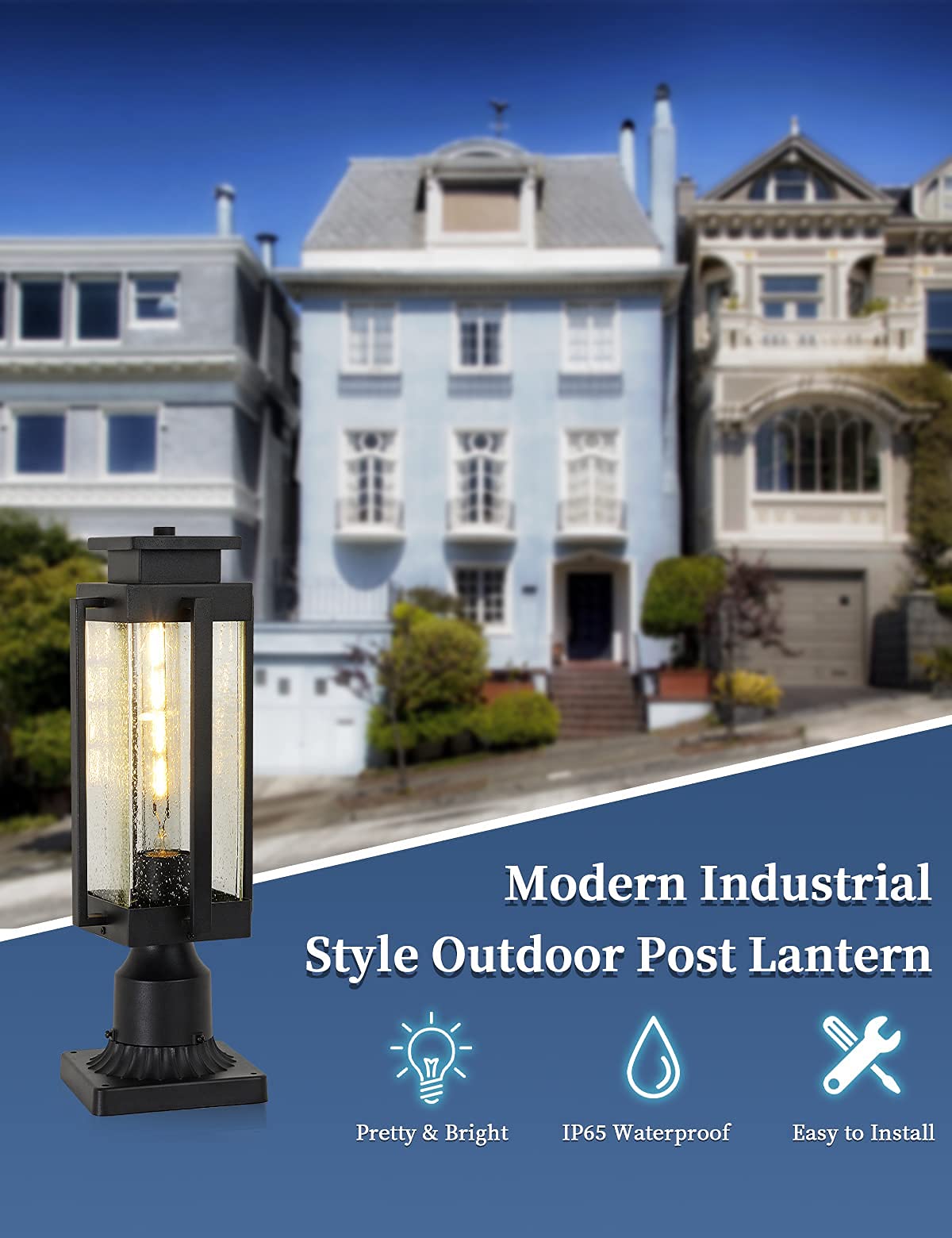 EERU Outdoor Post Light Fixtures 18" Large Exterior Post Lantern with Pier Mount Base IP65 Waterproof Black Finish with Seeded Glass Pier Mount Light Outdoor Pole Light for Patio, Porch, Yard, Garden