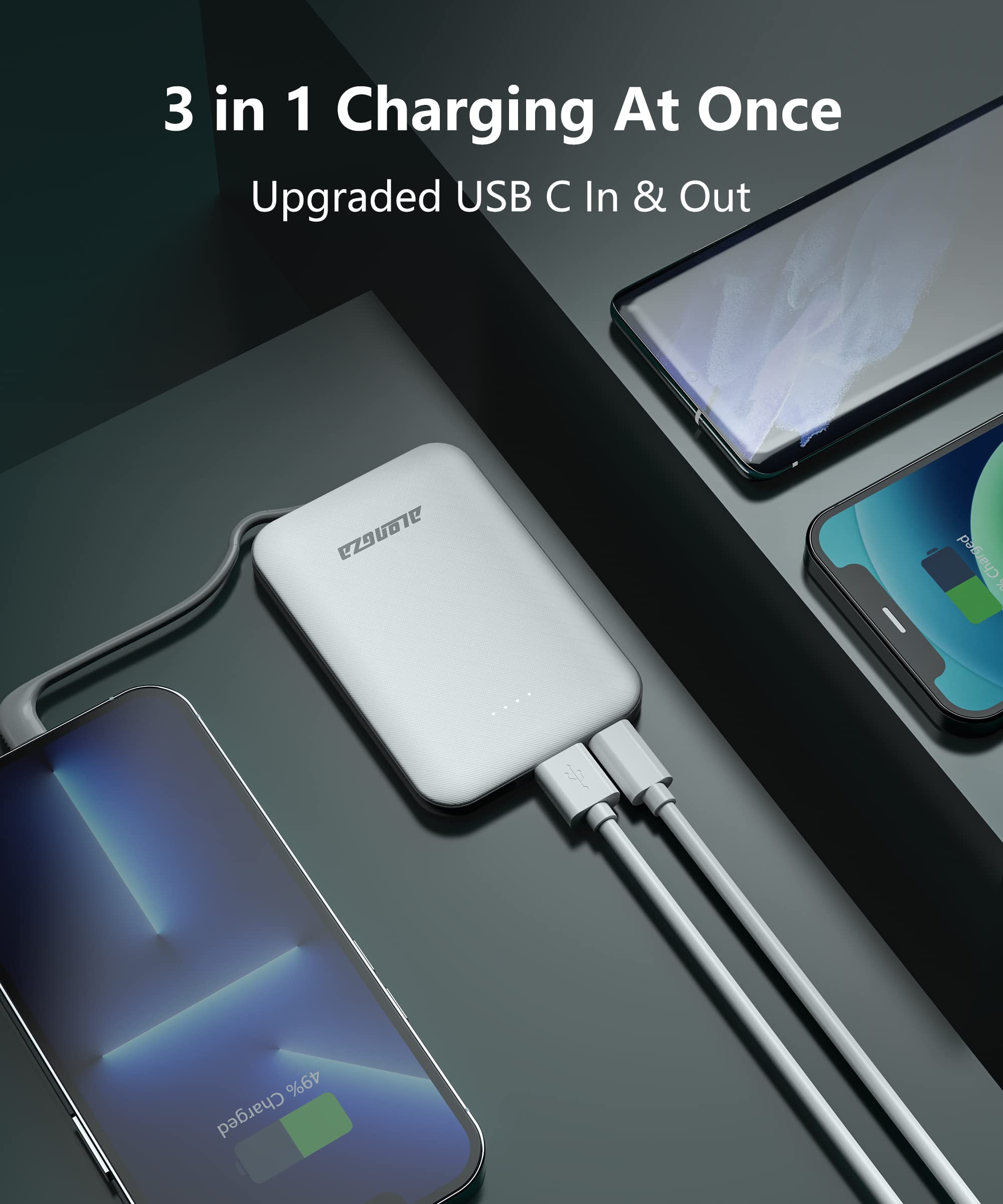 Alongza 3 Packs Portable Phone Charger with Built in Cable 4500mAh(2 Pack),10000mAh SLIN Power Bank Attached Cords, Battery Pack Fast Charging for iPhones and Androids