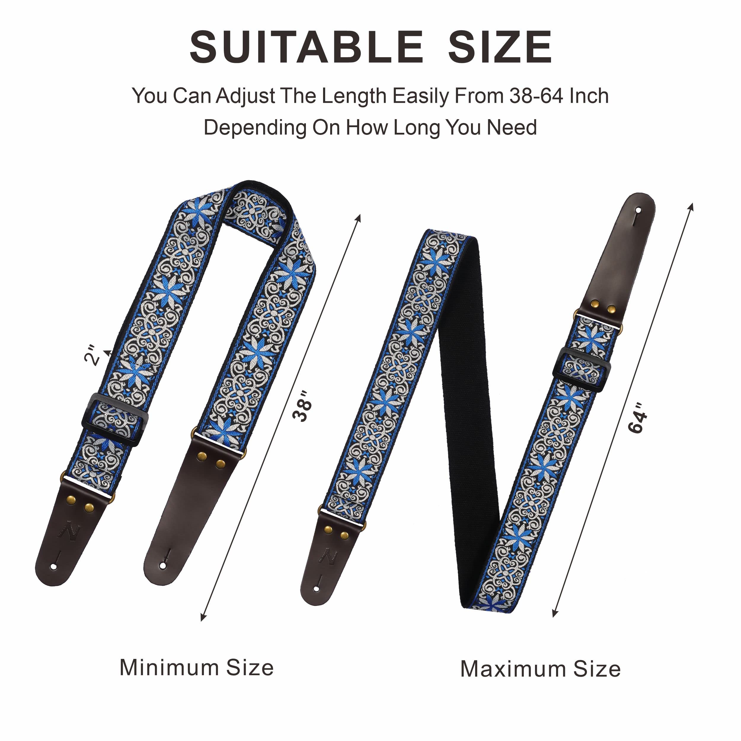 Guitar Strap, Vintage Embroidered Cotton Guitar Straps with Genuine Leather Ends for Bass, Electric & Acoustic Guitars, Come with Free Strap Button, 1 Pair Strap Locks and 4 Guitar Picks (Blue Flower)