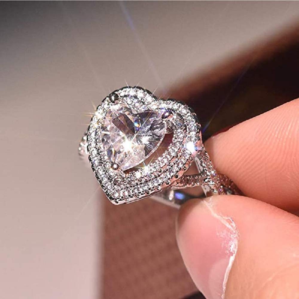 925 Sterling Silver Micro Inlaid Multi layered Cute Heart CZ Wedding or Engagement Diamond Ring for Women (10)