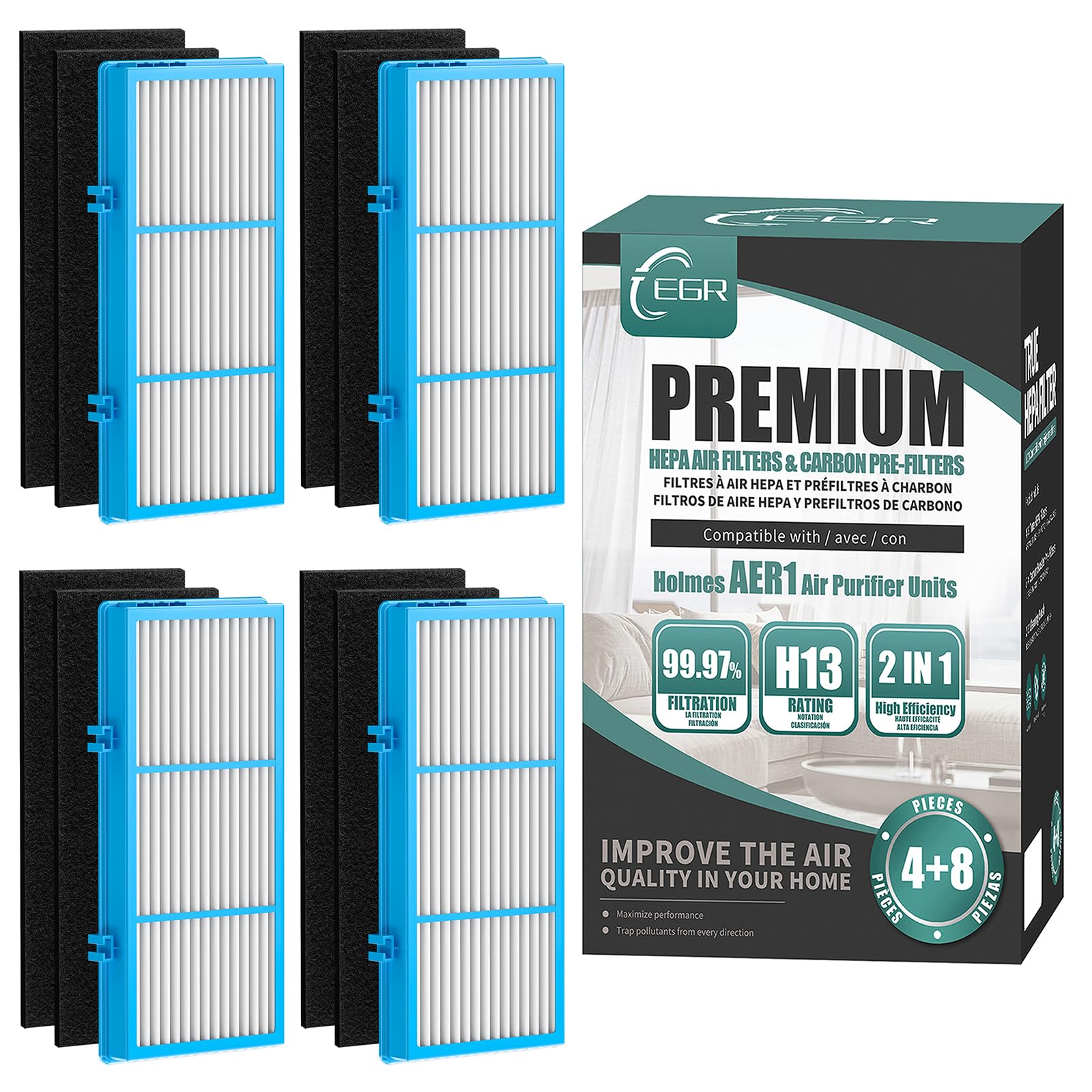 EGR AER1 Filter Replacement for Holmes, HAPF30AT-Total Air HEPA Type Filter Compatible with Holmes Air Purifier HAPF30AT and HAP242-NUC (4 Ture HEPA + 8 Carbon Booster + 2 Cleaning Brushes)