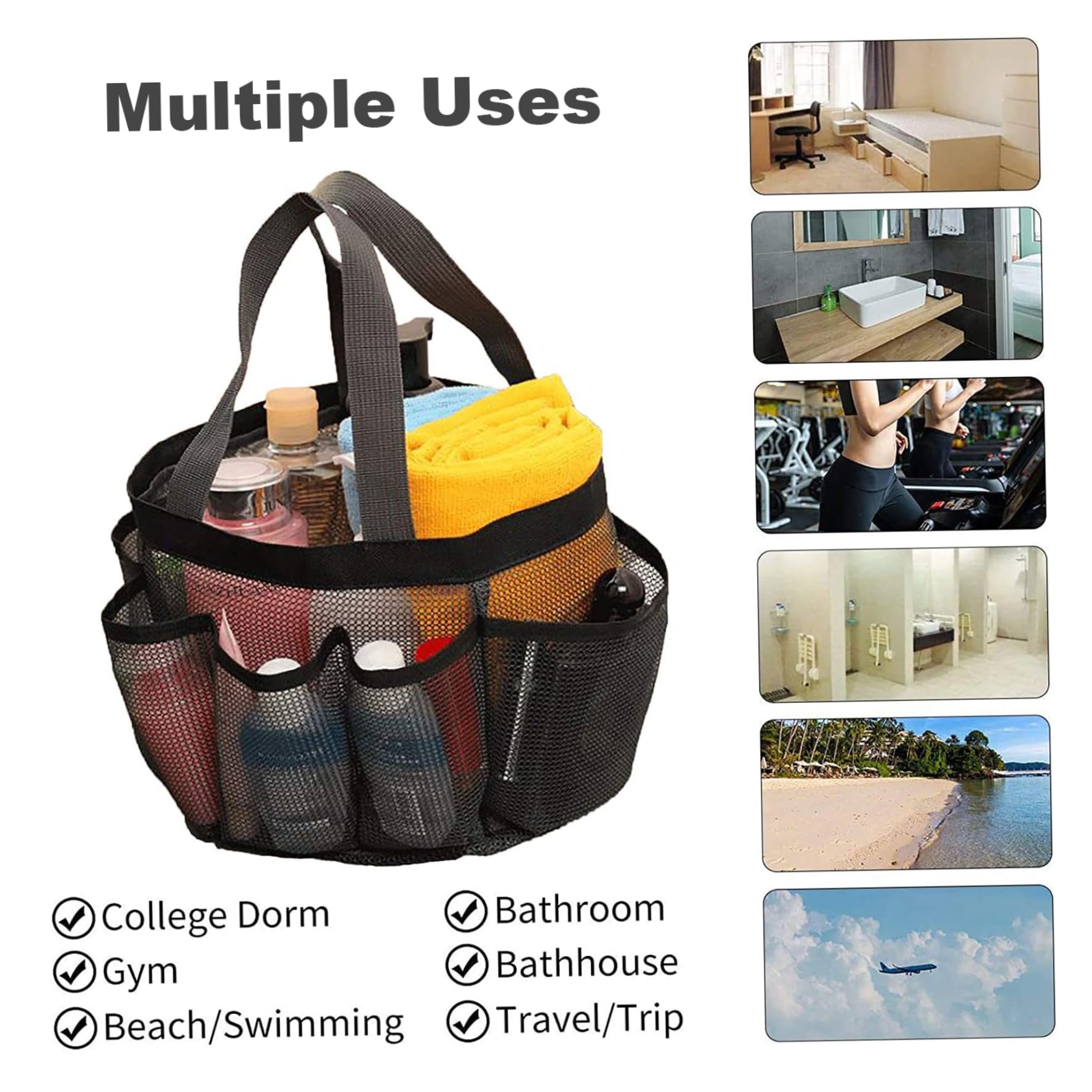 Bathroom Organizer Mesh Shower Caddy Portable Bathroom Organizer Lightweight Oxford Cloth Shower Caddy Dorm with 8-Pocket Versatile Shower Bag 22 x 22 x 22cm Black