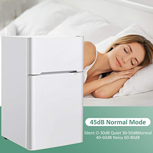 Hysache 3.2 cu ft ompact Refrigerator, Double Door Mini Fridge w/Removable Glass Shelves, Mechanical Control & Angle LED Light, Energy Saving Separate Freezer for Home, Office & Dorm (White)