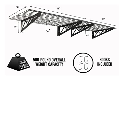 SafeRacks Wall Shelves - 2 Pk 18"x48" Wall Mountable Shelving Unit for Storage Rack, Pantry Shelves, Utility Shelving, Heavy Duty Shelves w/ 4 Versatile Accessory Hooks, 500lbs Capacity, Hammertone