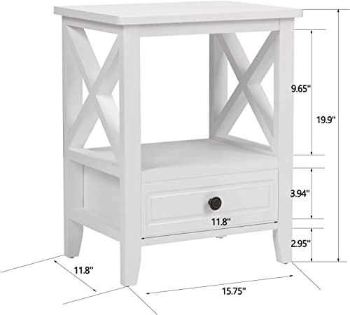 Catrimown White Nightstands Set of 2 End Table with Drawer and Storage Shelf, End Table Set of 2 White Nightstand Bedside Table with X-Shape Sides Nightstand End Table for Bedroom Living Room, White