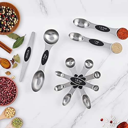 Elyum Measuring Spoons, 8 Sets Magnetic Measuring Spoons Dual Sided Stainless Steel Measuring Spoons Stackable Nesting Tablespoon Teaspoon, Fits in Spice Jars, for Dry or Liquid Ingredients (Black)