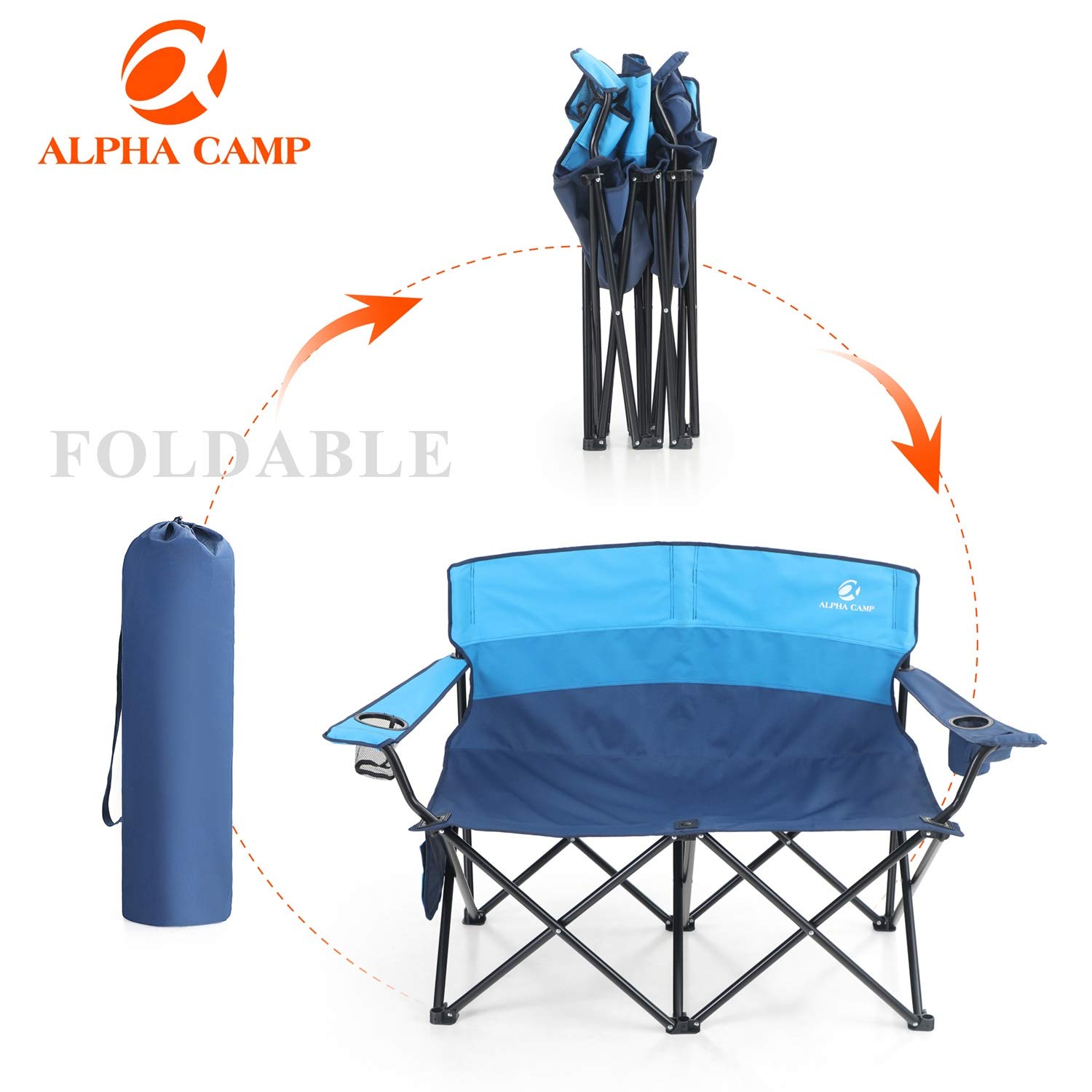 ALPHA CAMP Camping Folding Chair Heavy Duty LoveSeat Support 450 LBS Oversized Steel Frame Collapsible Double Chair with Cup Holder for Outdoor