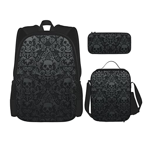 Carlonge Black Skull Gothic School Backpack for Boys Girls Teen 3 Pieces Set Cute School Bag with Lunch Bag Pencil Case, One Size