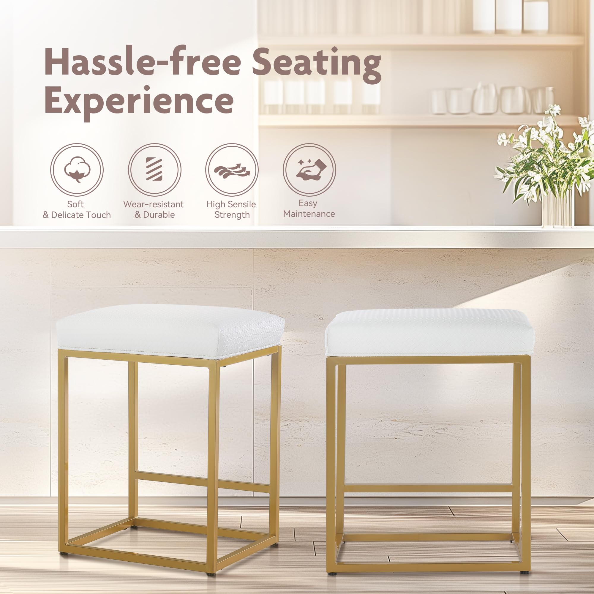 ALPHA HOME 24 Inch Counter Height Bar Stools Set of 3, Upholstered Bar Stools for Kitchen Island, Counter Stools with Faux Leather Cushion and Sturdy Metal Frame, Modern Barstools, White and Gold