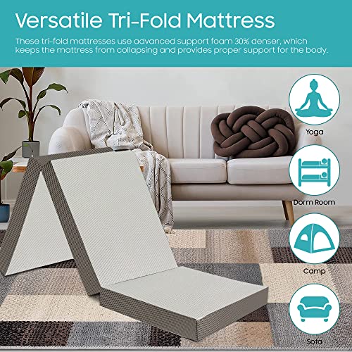 Greaton 4-Inch Tri-Folding Portable Gel Memory Foam Floor Mattress | Ultra Soft Breathable Mesh Sides, Cot Pad, Comfortable Multi-Functional Mattresses, Removable and Washable Cover, 25-Inch, White