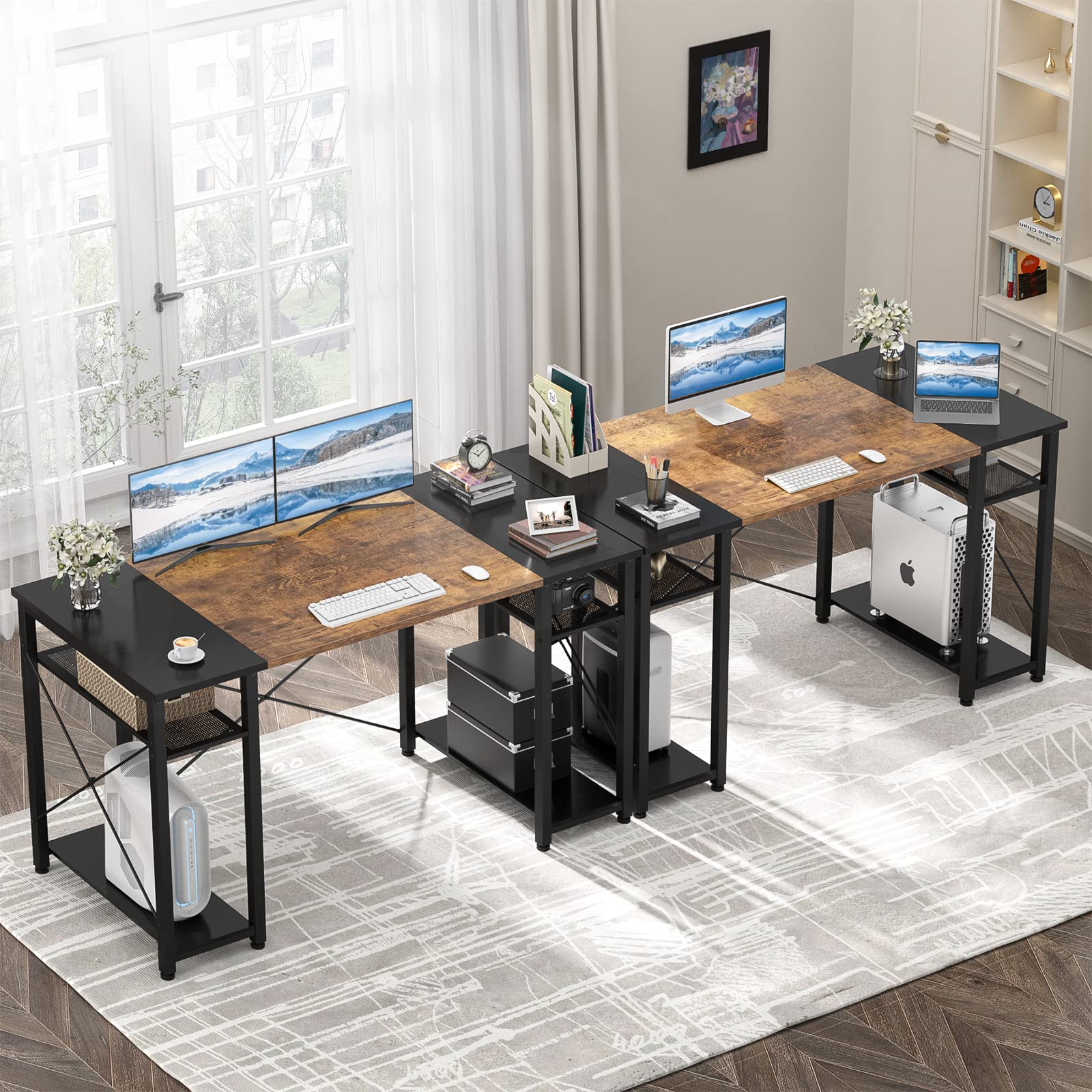 Ecoprsio 55 Inch Computer Desk, Large Office Desk with 4 Storage Shelves, 55'' Study Writing Table with CPU Stand, Sturdy PC Desk for Home Office, Bedroom, Gaming Room, Rustic and Black