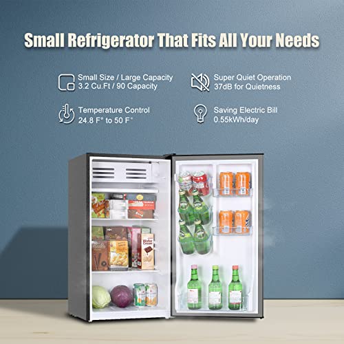 Frestec Mini Fridge with Freezer, 3.2 Cu.Ft Mini Refrigerator with One-touch Easy Defrost,37 dB Low Noise, Compact Small Refrigerator for Dorm, Bedroom, Office (Stainless Steel)