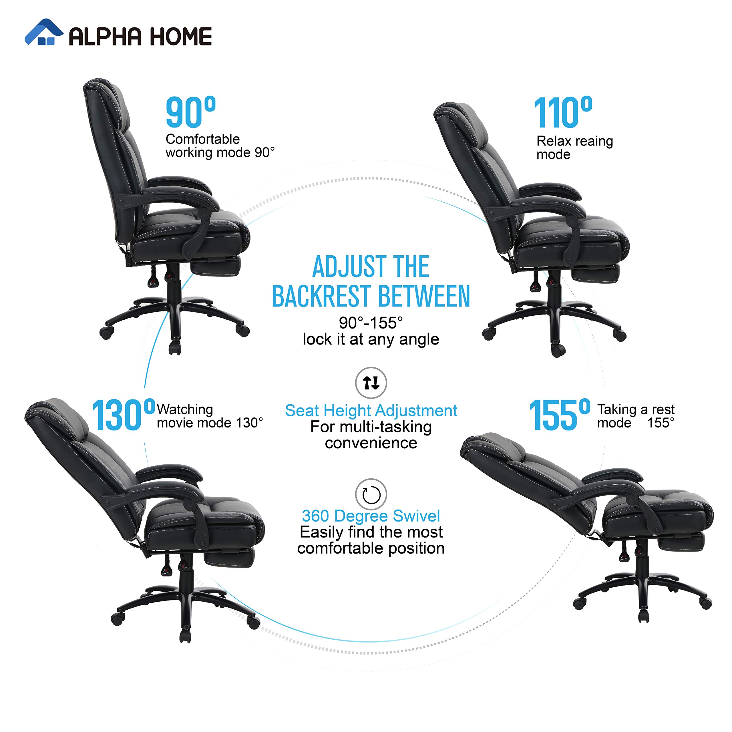 ALPHA HOME High Back Executive Chair Ergonomic Office Chair Managerial Computer Chair Flip Up Armrest Big Tall Adjustable Height PU Leather Task Chair Rolling Swivel Chair-Capacity 400LBS