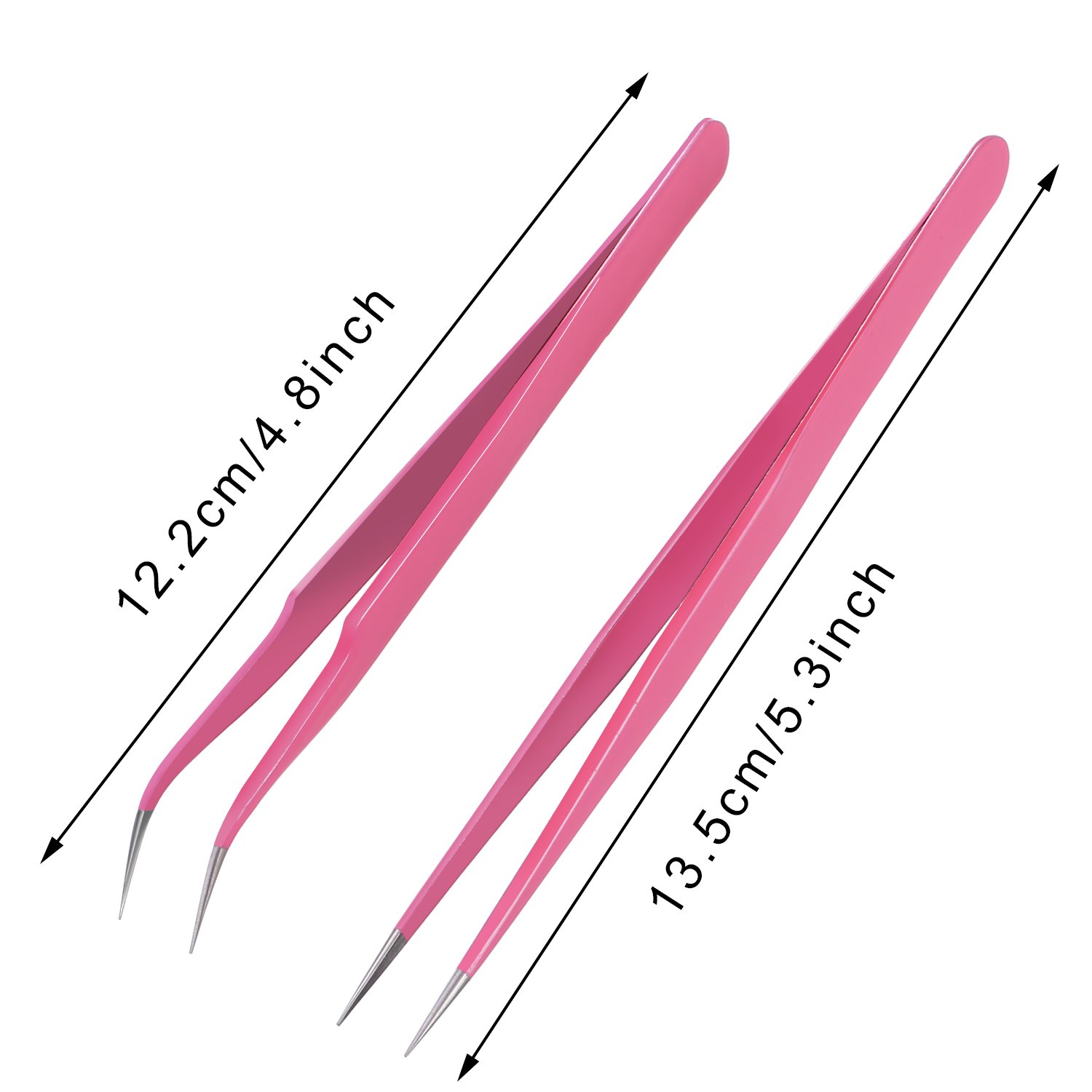 Hotop 2 Pieces Straight and Curved Tip Tweezers Eyelash Extension Tweezers, Stainless Steel False Lash Application Tools (Pink)