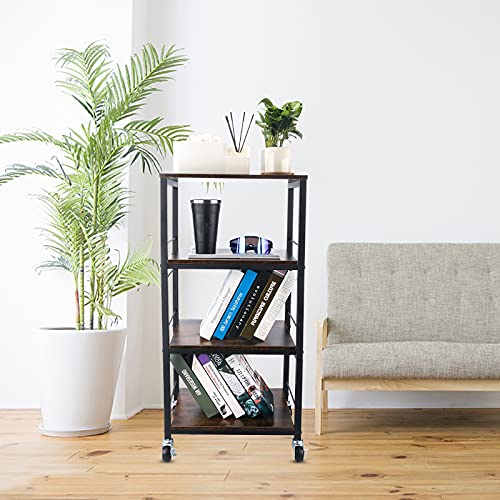 IKESOMUE Industrial Microwave Oven Stand Baker's Storage Racks Shelving Printer Rolling Utility Cart Wood Standing Shelf Units Wheels Kitchen Bathroom Bedroom Living Room Office (4 Tier) (B2201-List)