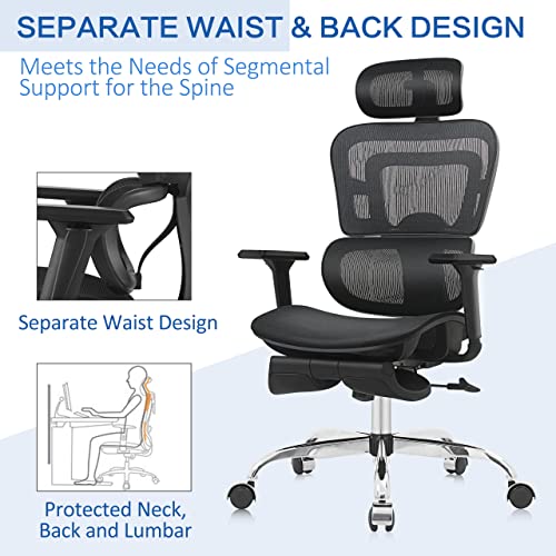 Ergonomic Office Chair with Foot Rest,Home Desk Chair Breathable Mesh, Lumbar Support Computer Chair with Flip-up Arms, Swivel Task Chair, Adjustable Height Gaming Chair Black