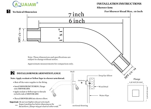Aquaiaw Square Shower Arm and Anti-Scratch O-Ring Flange, 6 inch, Solid Brass, Both Soldered 1/2 NPT Tapered Threads, Shower Head Arm, Wall Mount Shower Extension Arm (Matte Black)