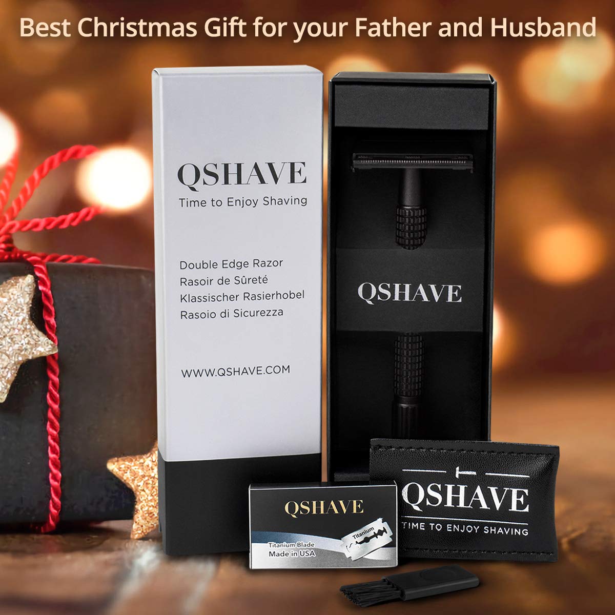 QSHAVE Double Edge 4 inch Long Handle Safety Razor for Men or Women Twist Butterfly Open Matte Black Steel Coating (1 Razor + 5 pcs Titanium Coated Blades + Leather Travel Case)