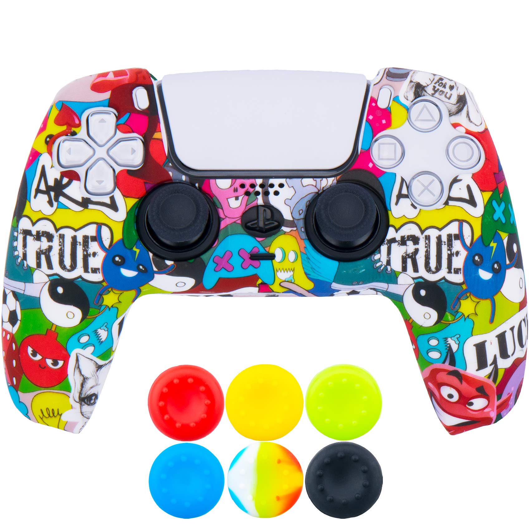 9CDeer 1 Piece of Silicone Transfer Print Protective Thick Cover Skin + 6 Thumb Grips for Playstation 5 / PS5 Controller Grimasse