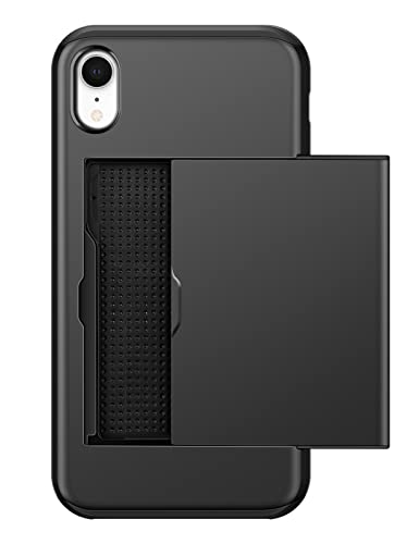 SAMONPOW Case for iPhone XR Hybrid iPhone XR Wallet Case Card Holder Shell Heavy Duty Anti Scratch Dual Layer Hard PC Soft Rubber Bumper Cover for iPhone XR 6.1 inch Black