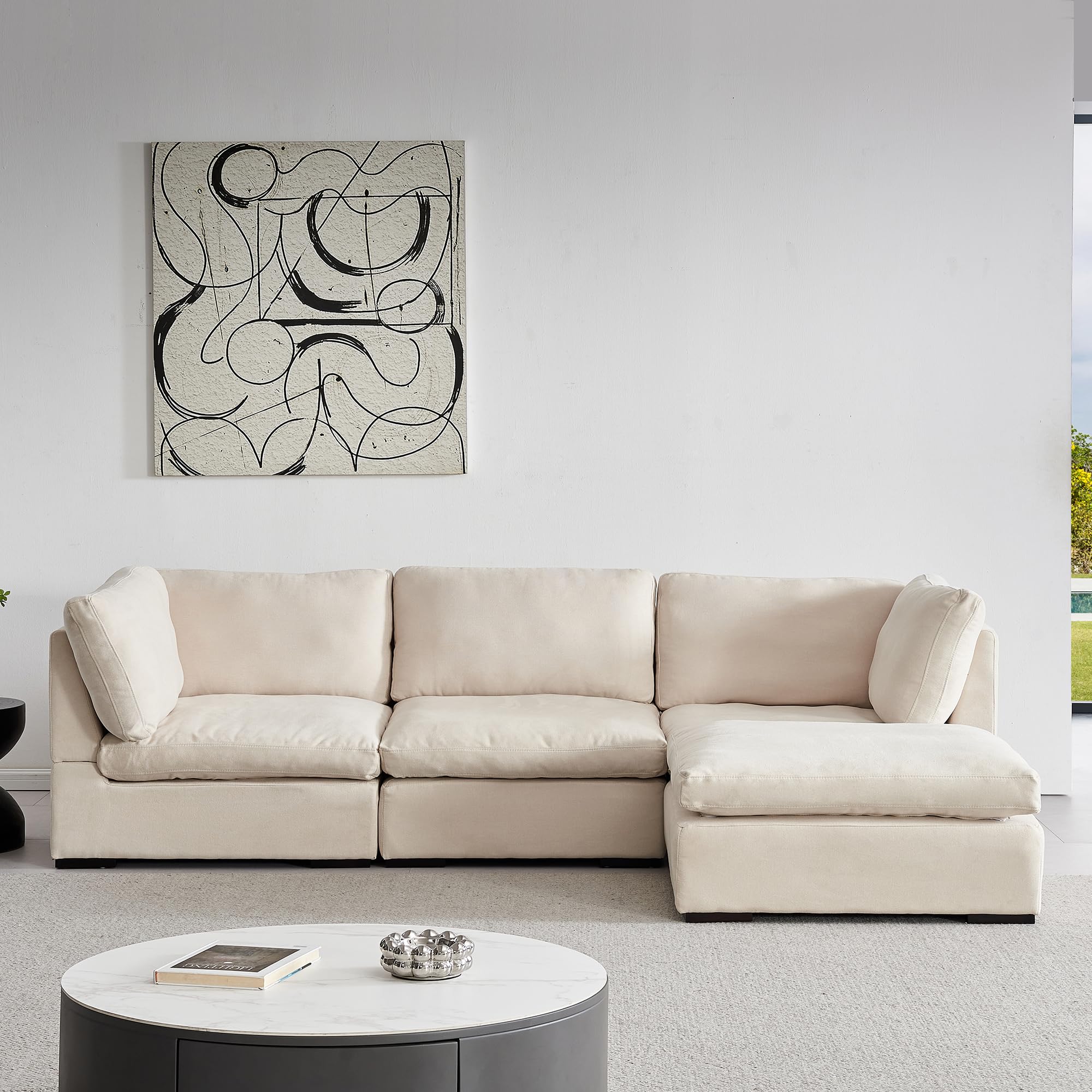 GNIXUU 99" Modular Sectional Sofa Cloud Couch with Feather Filled for Living Room, Modern Comfy Upholstered 4-Seater L-Shaped Sofa Couch with for Bedroom, Apartment, Free Combination(Beige)