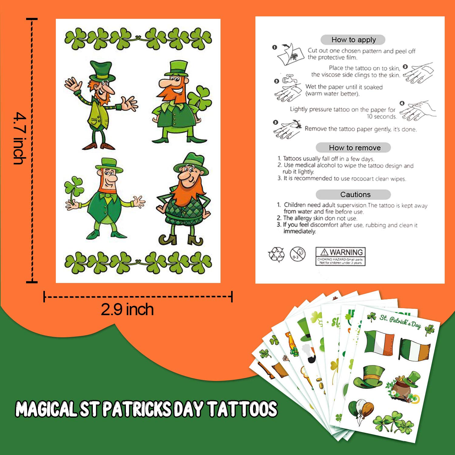 Partywind 70 PCS (10 Sheets) St Patrick's Day temporary Tattoos for Kids, St Patrick's Day Shamrock Decorations Accessories Party Favors Supplies, Cute Irish Saint Patrick's Day Face Tattoos Stickers