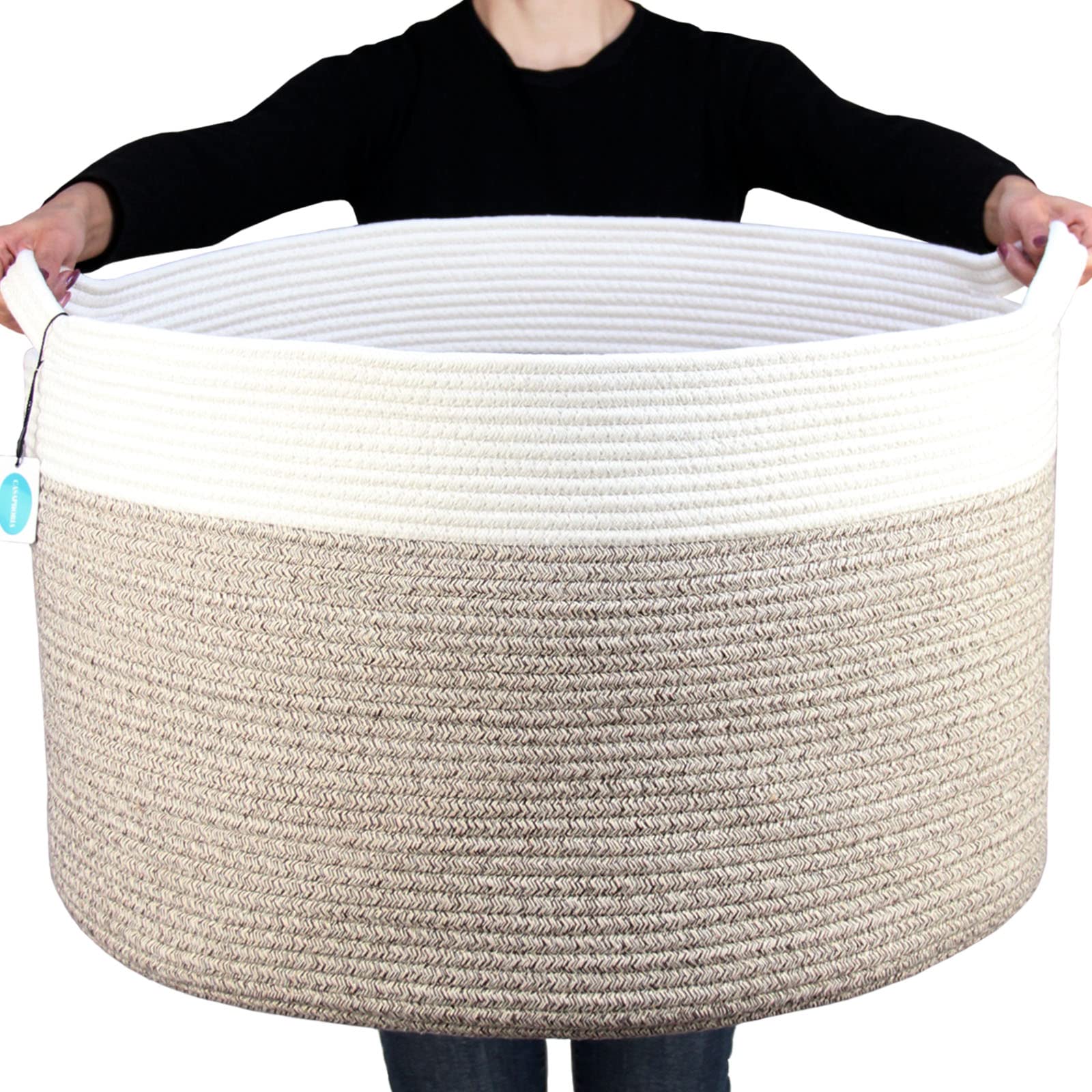 Casaphoria XXXLarge Cotton Rope Basket for Living Room - Woven Storage Basket with Handle for Blankets, Towels and Pillows Laundry Hamper | Cream white and Brown (22" x 22" x 14")